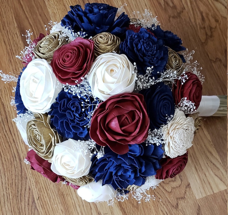 Burgundy and Gold Sola Flower Bouquet Wooden Bouquet Navy - Etsy