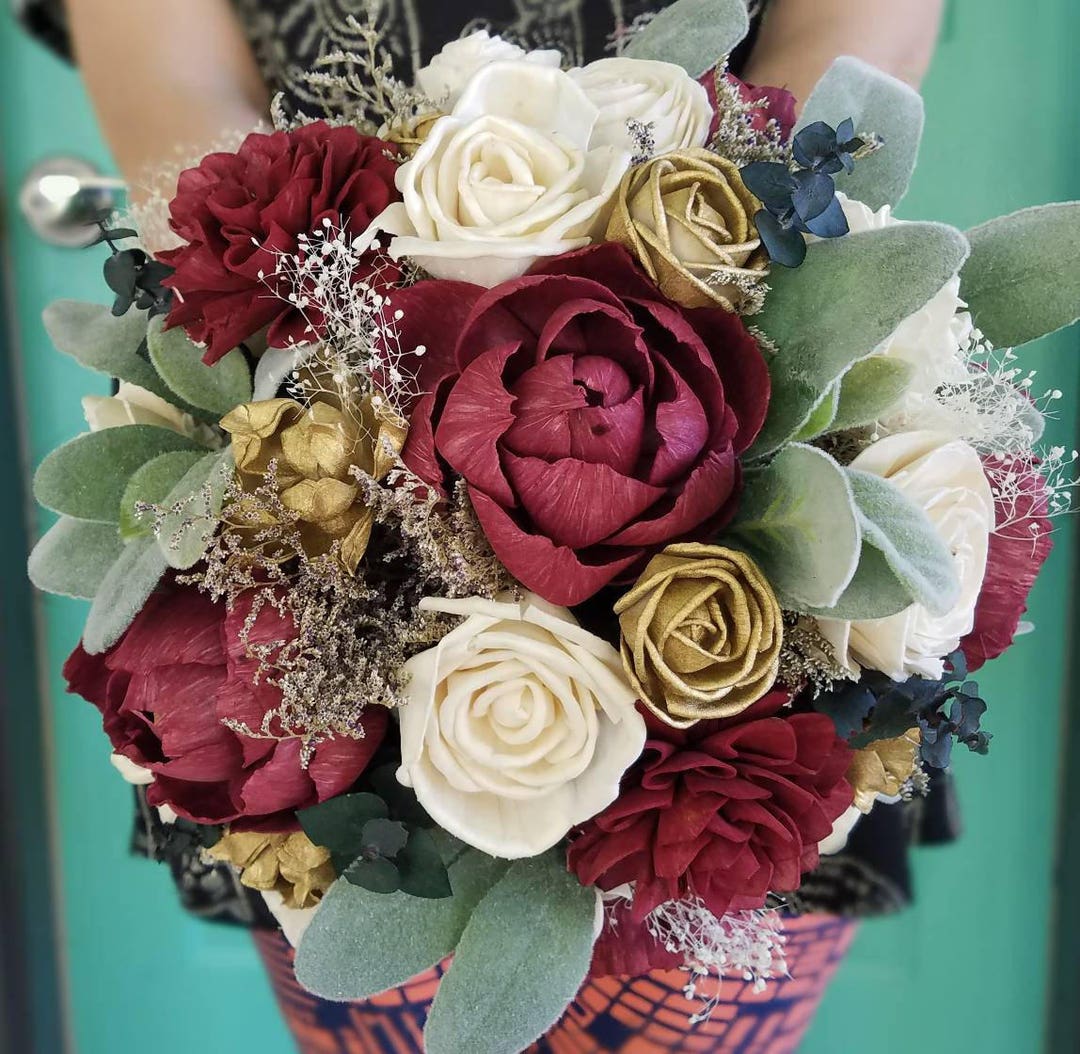 Burgundy and Gold Bouquet, Winter Bouquet, Peony and Lamb's Ear, Sola ...