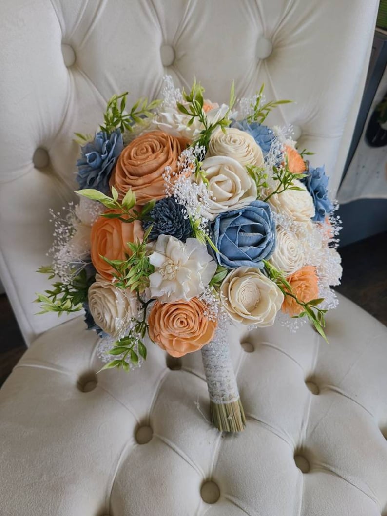 Dusty Blue and Peach Bouquet, Slate Blue Flowers, Sola Wood Flowers - Etsy