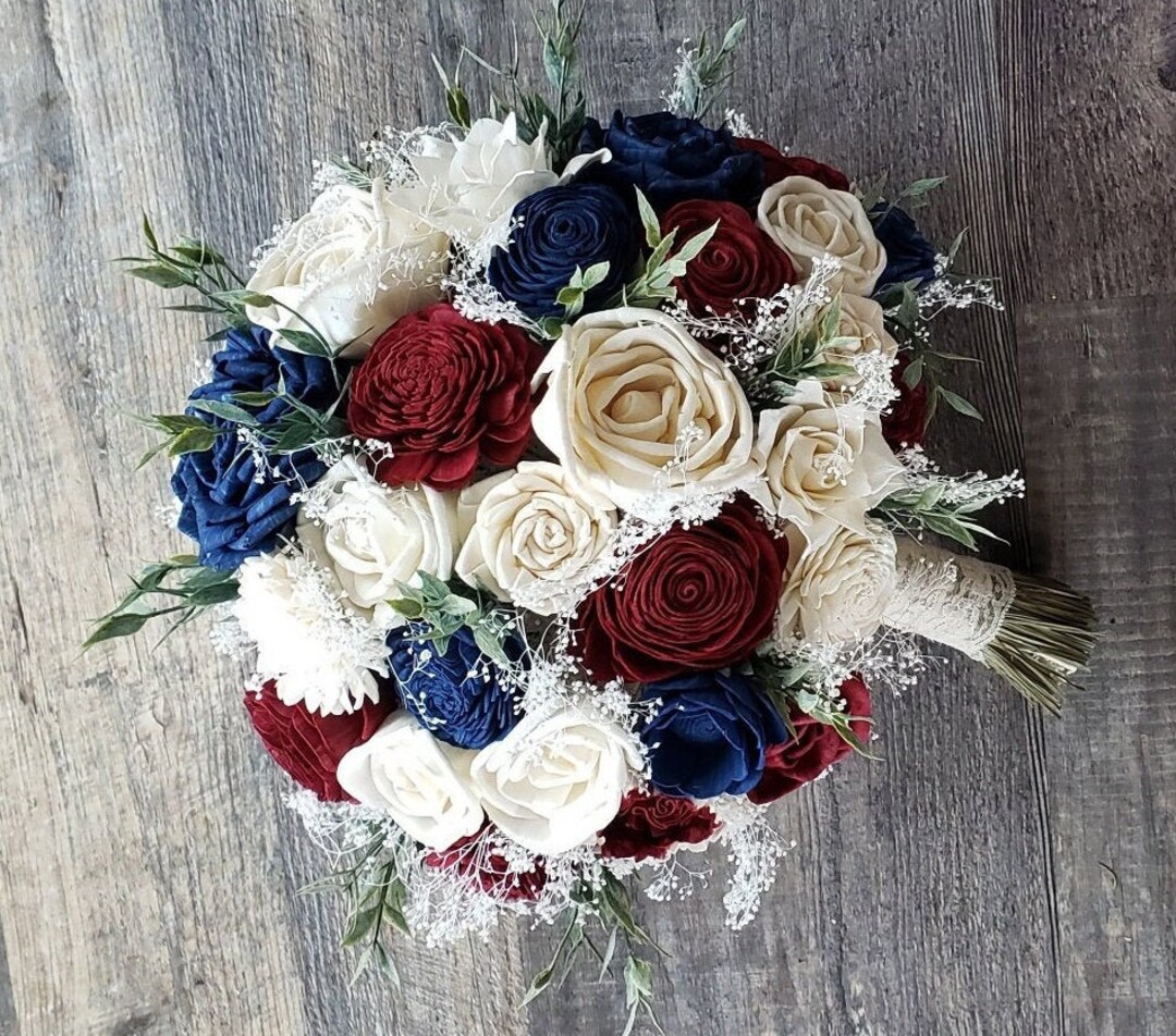 Burgundy and Navy Blue Wood Flower Bouquet, Sola Wood Flower Bridal ...