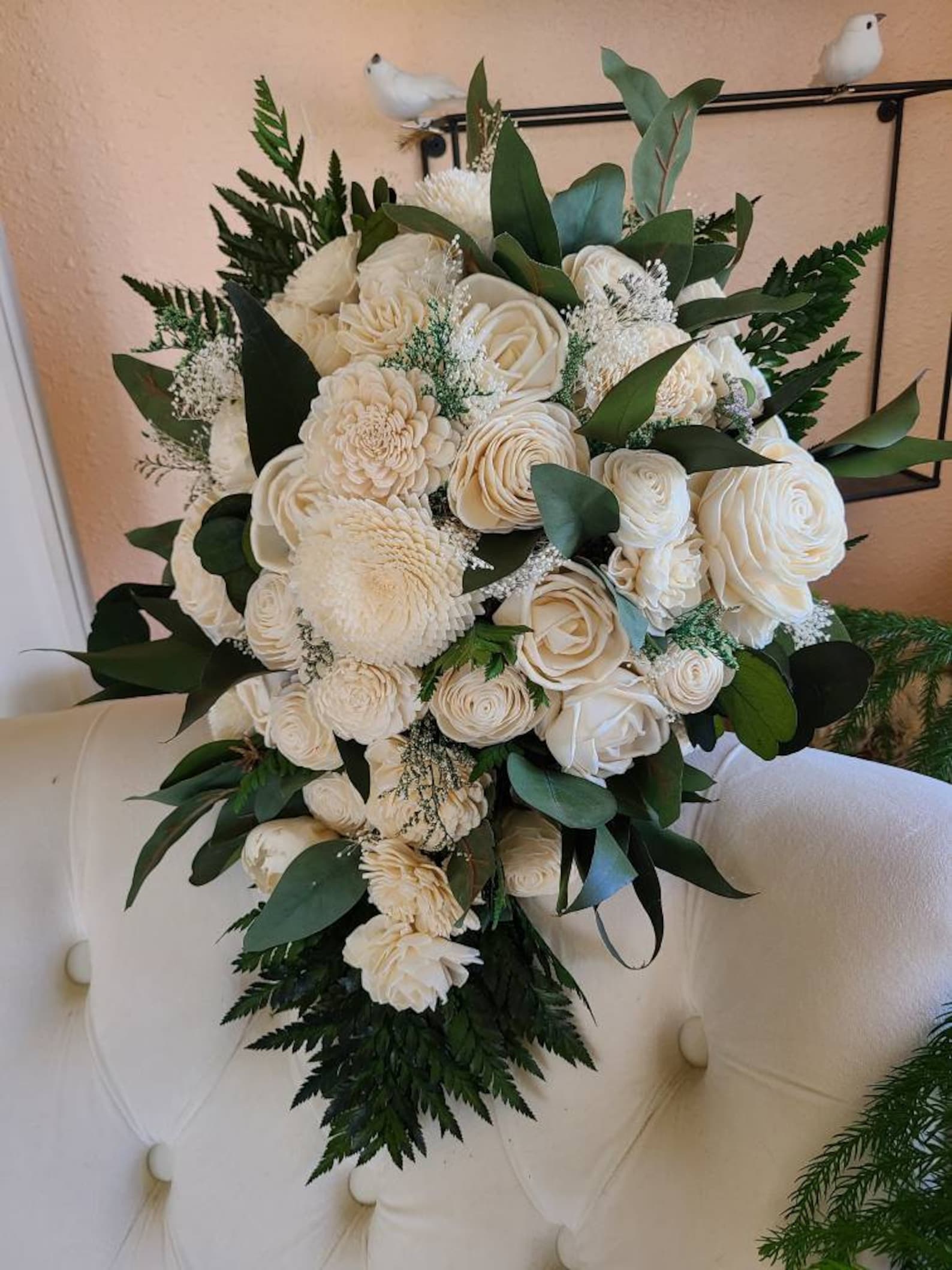 Cascading Bridal Bouquet, White Cascade, Sola Flower Bouquet With Dark ...