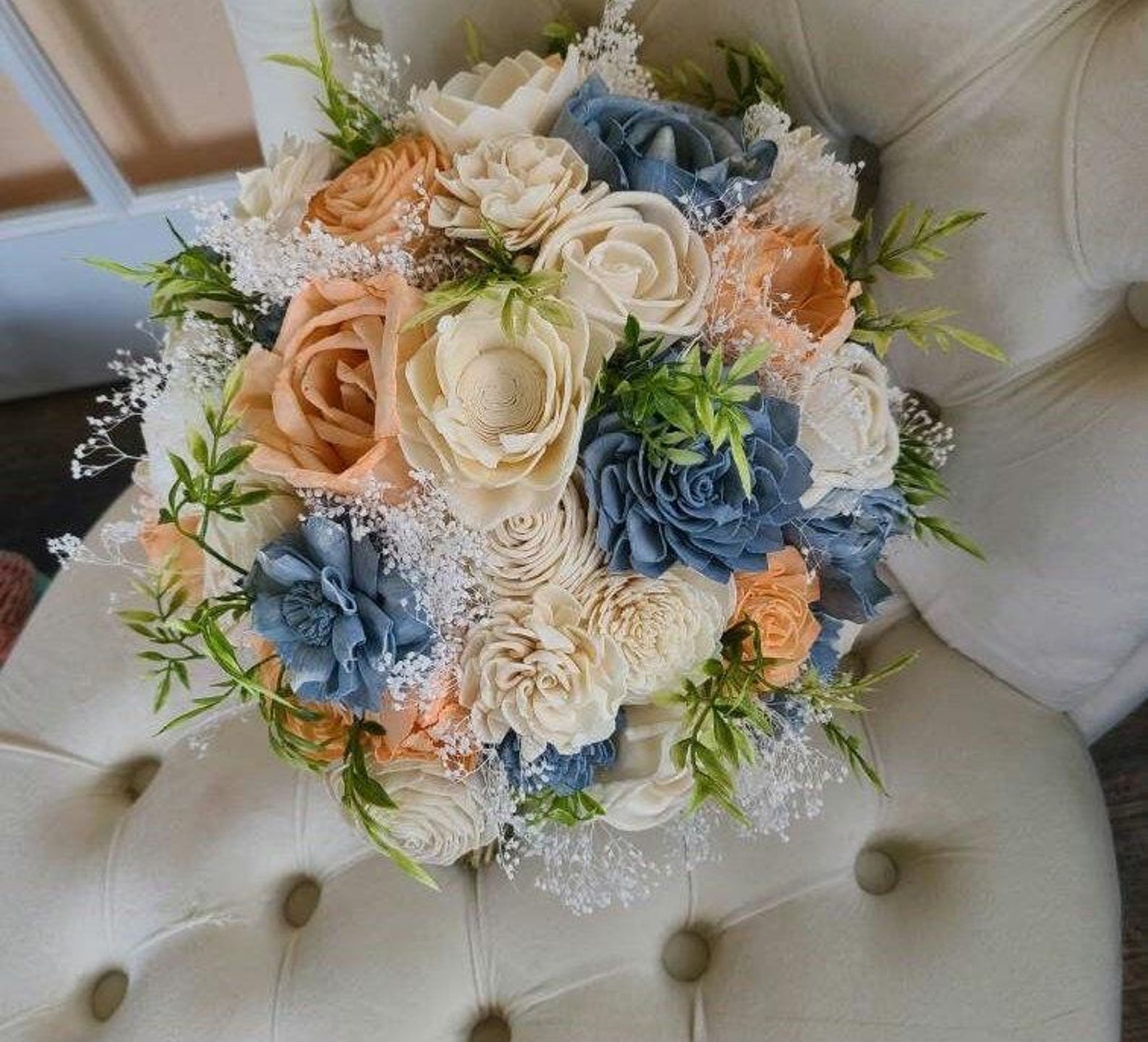 Dusty Blue and Peach Bouquet, Slate Blue Flowers, Sola Wood Flowers - Etsy