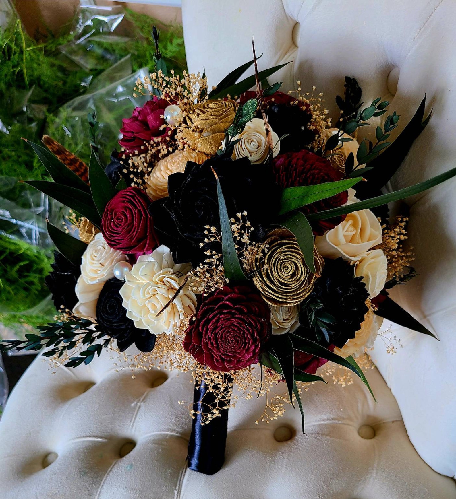 Wine, Black, and Gold Wood Flower Bouquet With Moody Tones and Pheasant ...