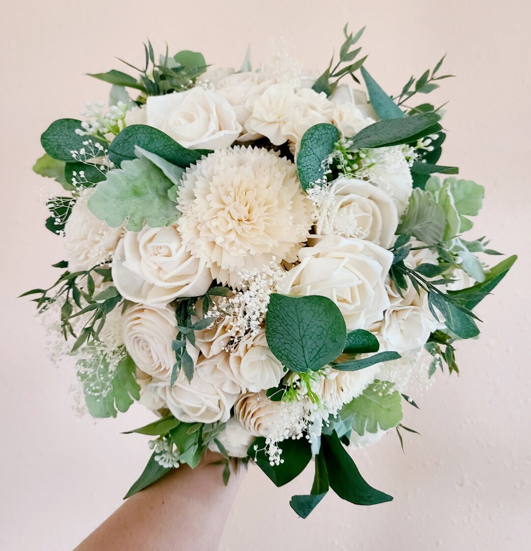 Ivory Bridal Bouquet, Spring Light Greenery and Flowers, Wood Flower ...