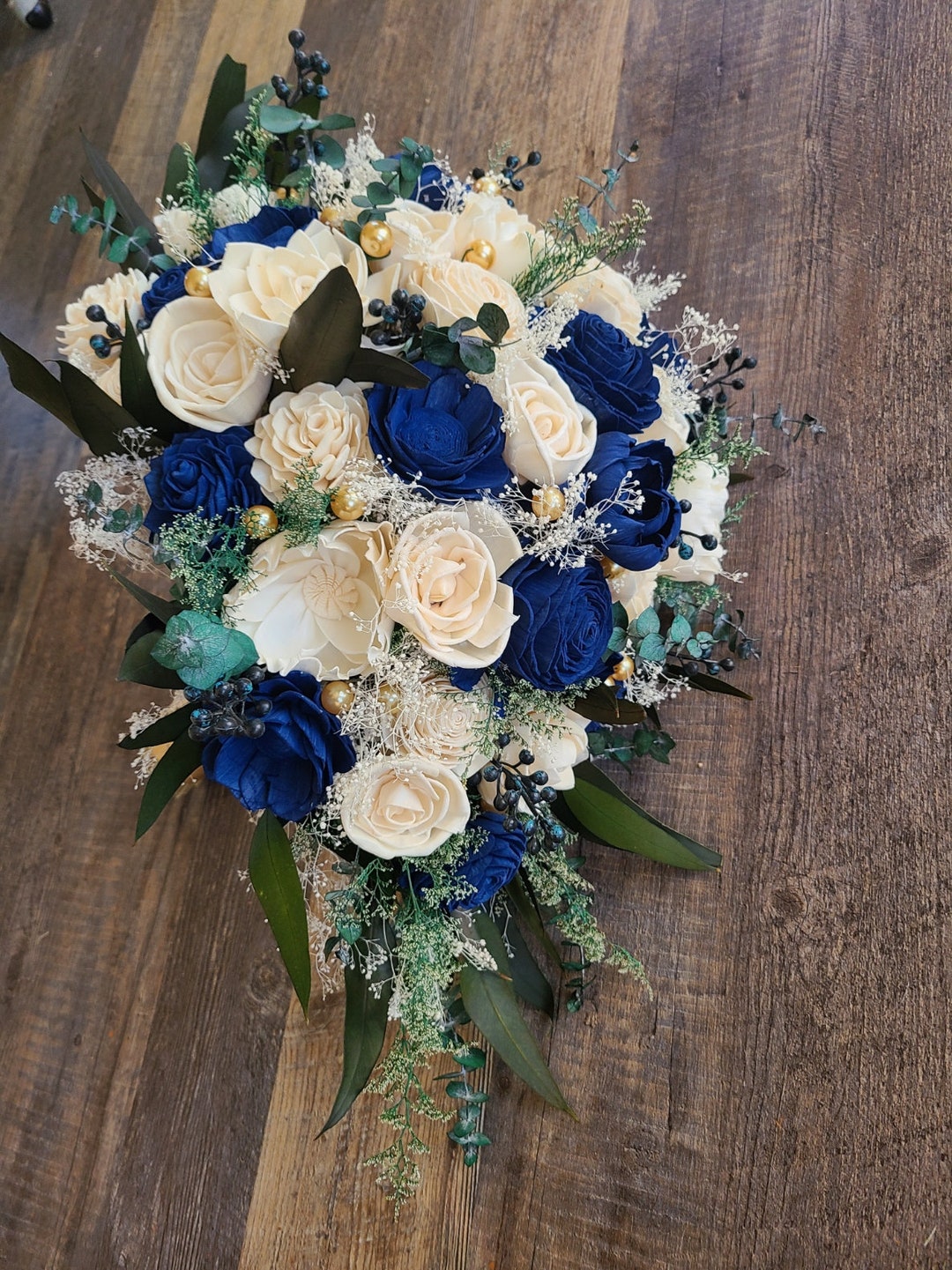 Navy Blue and Gold Wood Flower Bouquet, Dark Blue and Metallic Gold ...