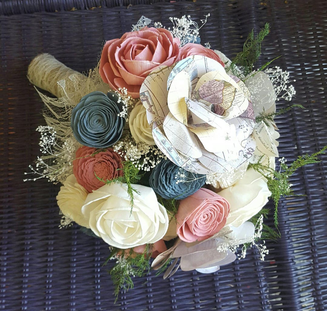 Dusty Steel Blue and Dusty Rose Pink Travel Bridal Bouquet With Map ...
