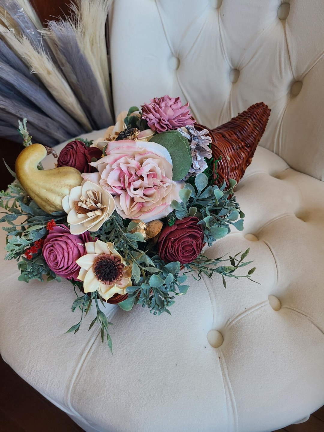 Fall Cornucopia Centerpiece, Wood Flower Thanksgiving Decor, Hostess ...