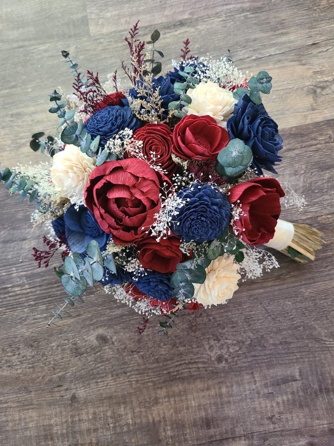 Burgundy and Navy Blue Wood Flower Bouquet With Eucalyptus, Winter ...