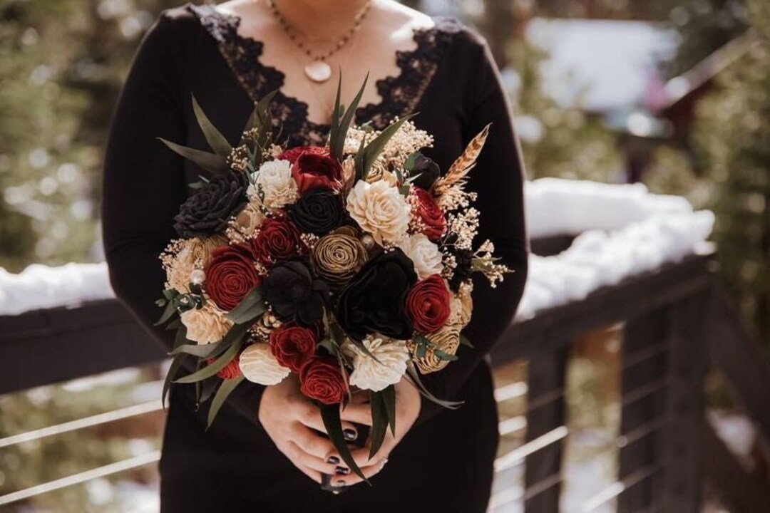 Wine, Black, and Gold Wood Flower Bouquet With Moody Tones and Pheasant ...