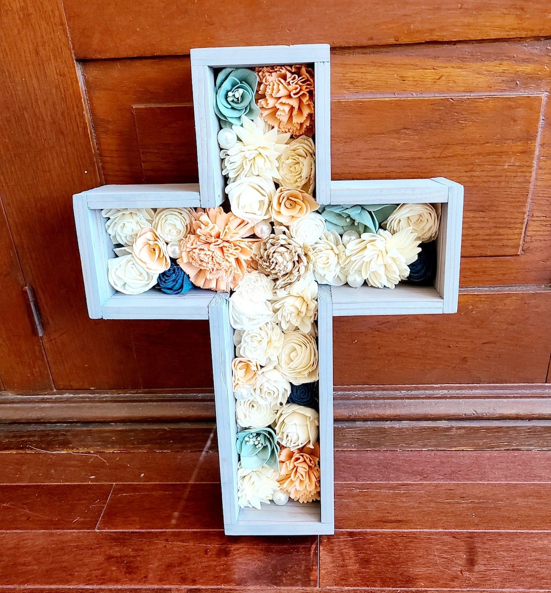 Wooden Floral Cross Shadow Box With Wood Flowers in Custom Colors ...