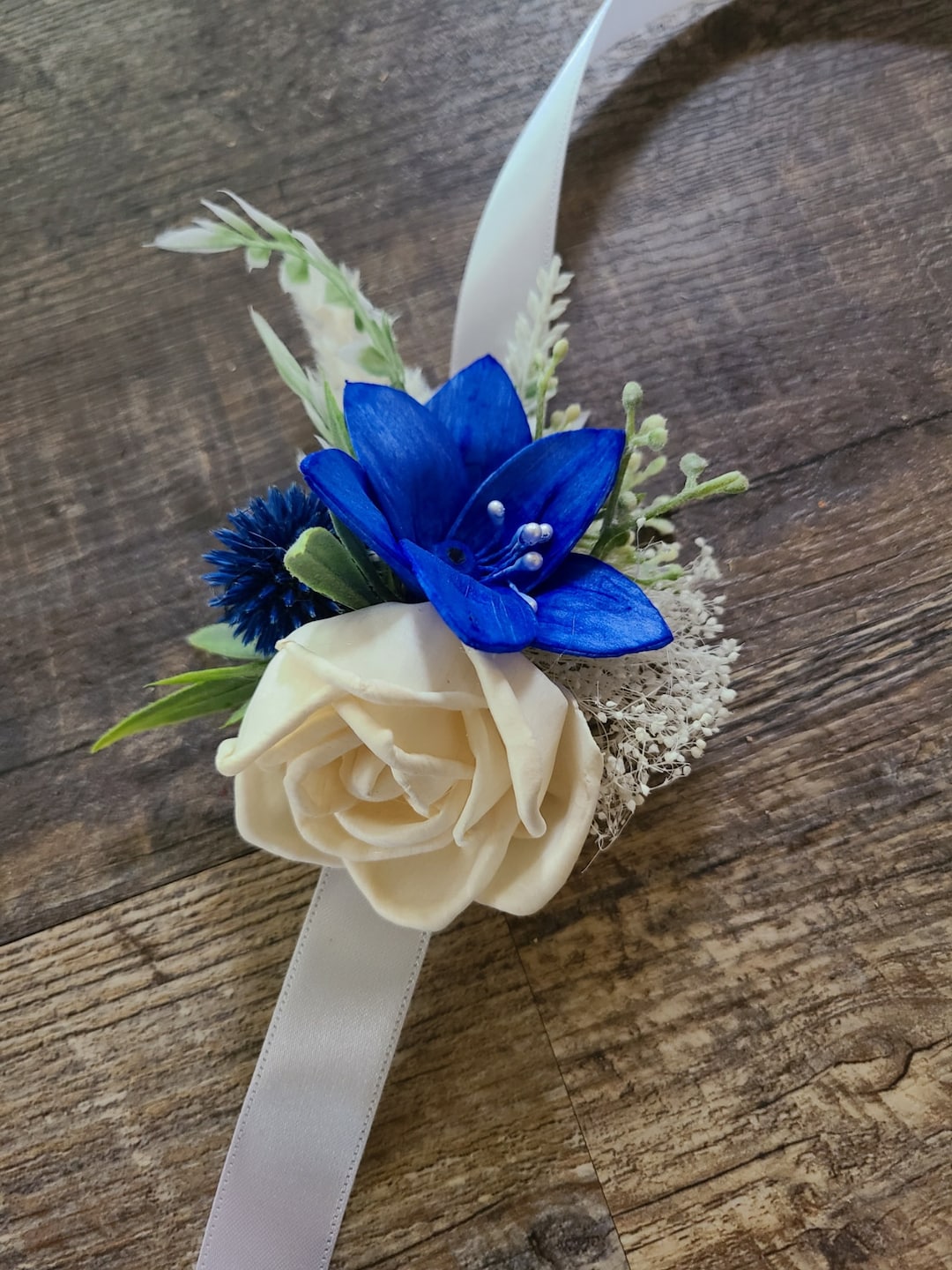 Royal Blue Lily Corsage: Ivory Rose Wood Flower Wrist Corsage - Etsy