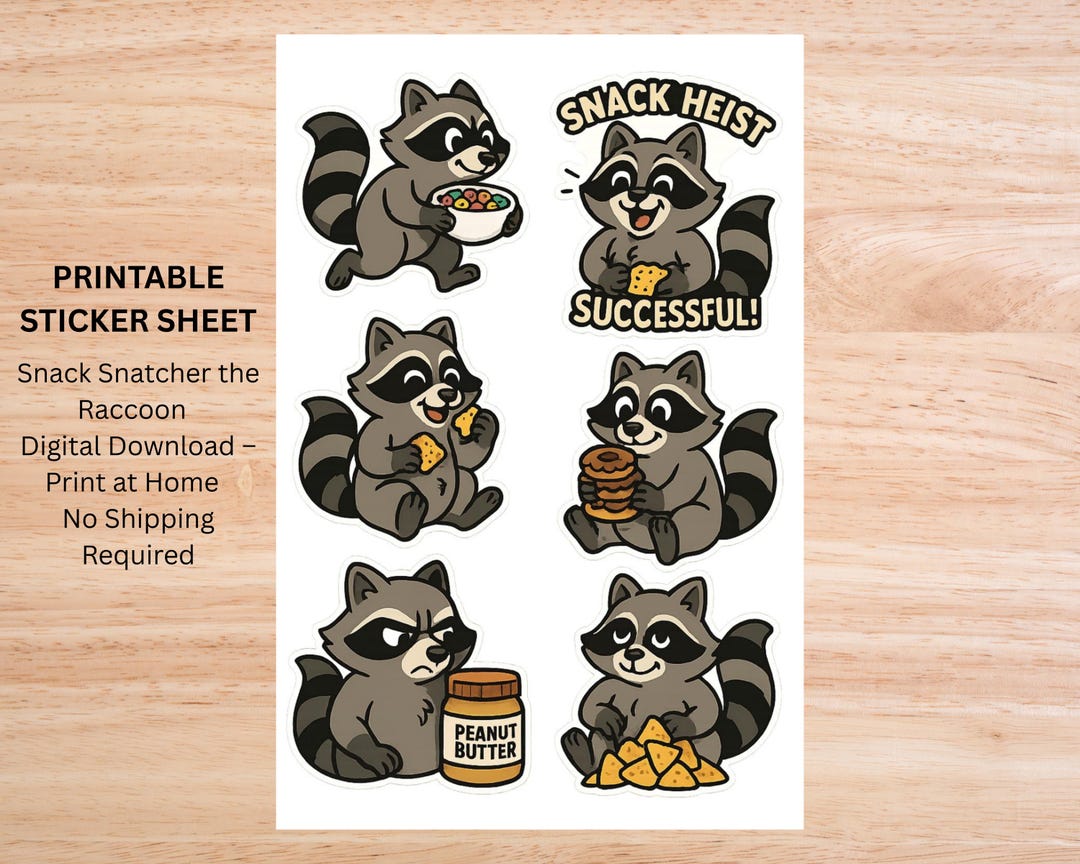 Snack Snatcher Raccoon Sticker Sheet: Funny Planner Stickers (printable ...