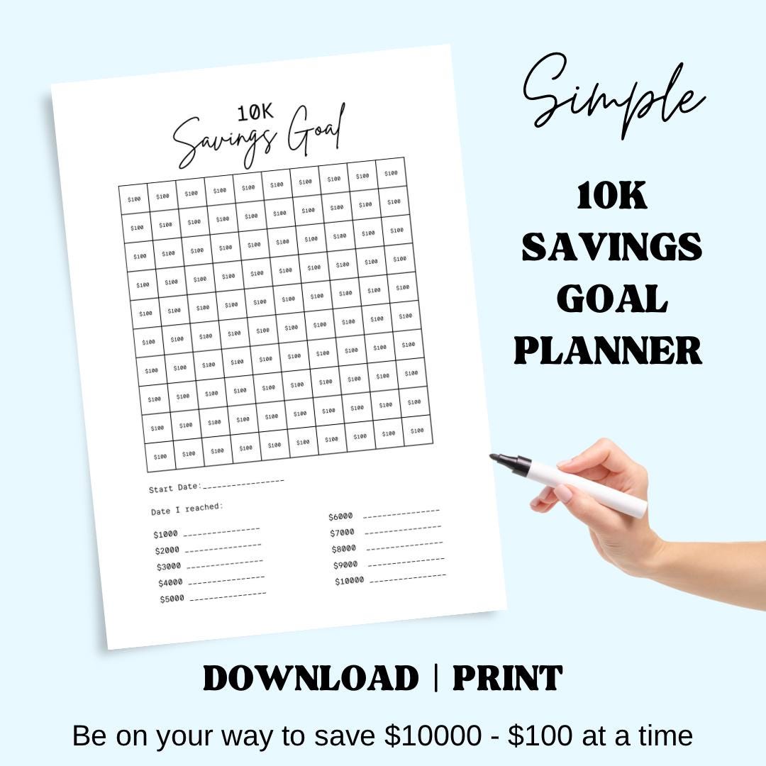 10,000 Dollar Savings Goal Challenge Printable | Savings Planner | 10k ...
