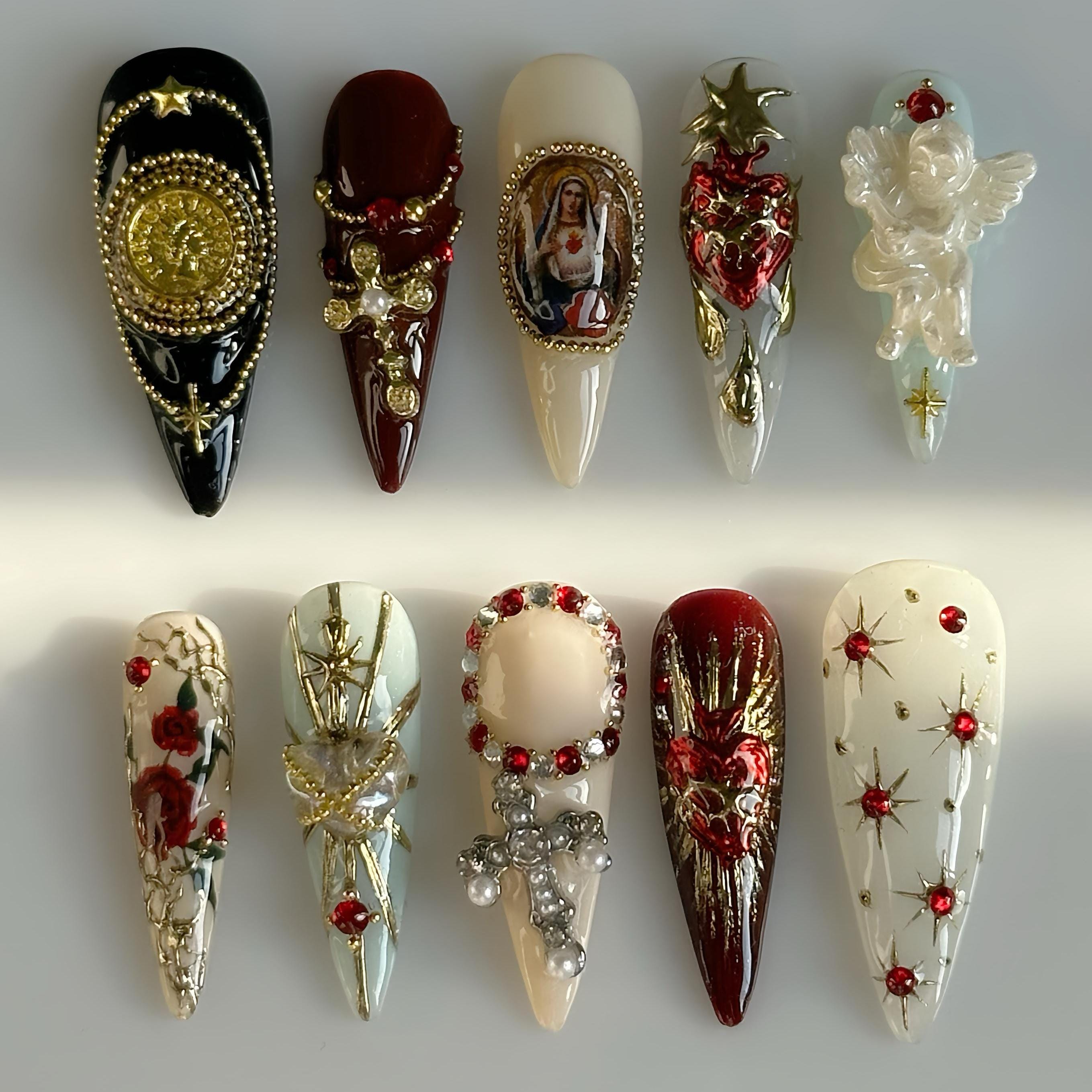 Baroque Virgin Mary Press on Nails, Red Gold Luxury Nail Art, Cross ...
