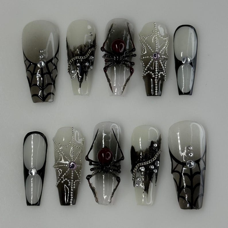 Black Spider Press on Nails, Black Spider Web Nails, Black and Silver ...