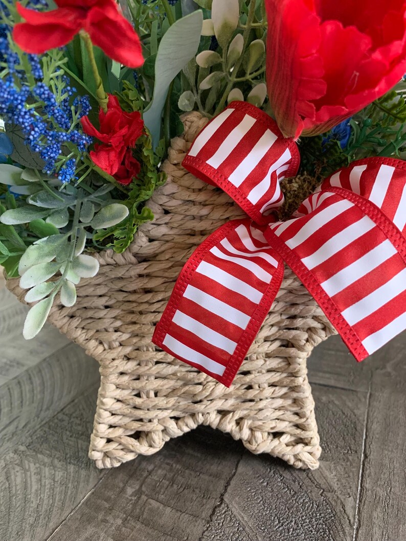 Patriotic Star Wicker Basket Floral Centerpiece, Red White and Blue ...