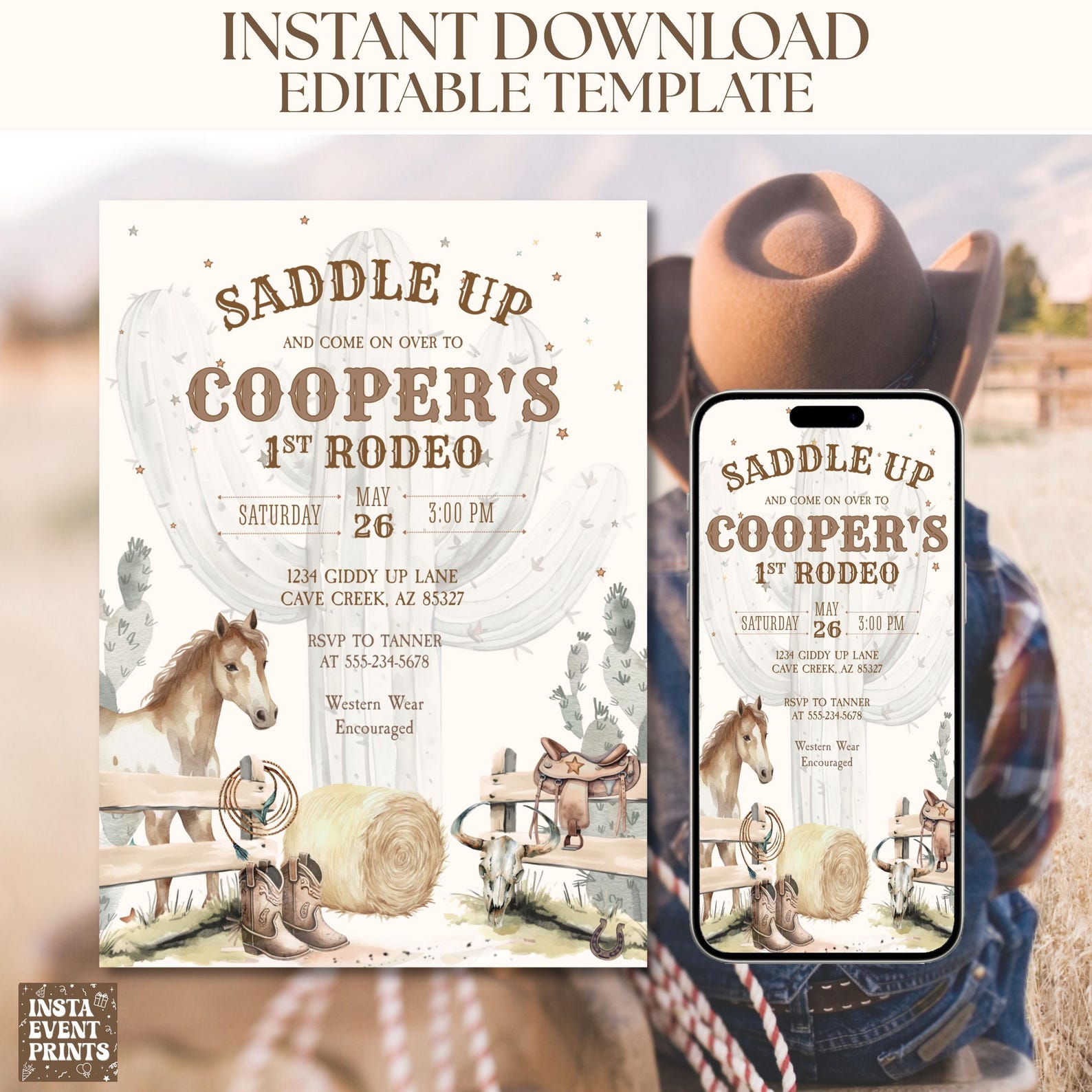 Editable Saddle up Cowboy Party Boy Birthday Invitation Template ...