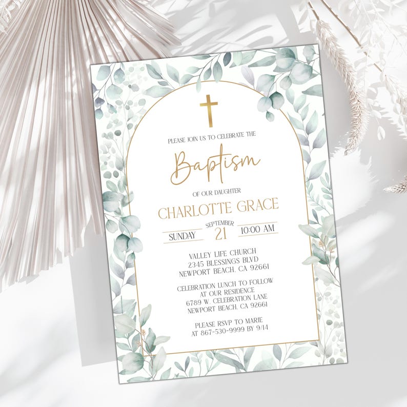 Editable Elegant Baptism Invitation Template Personalized Greenery ...