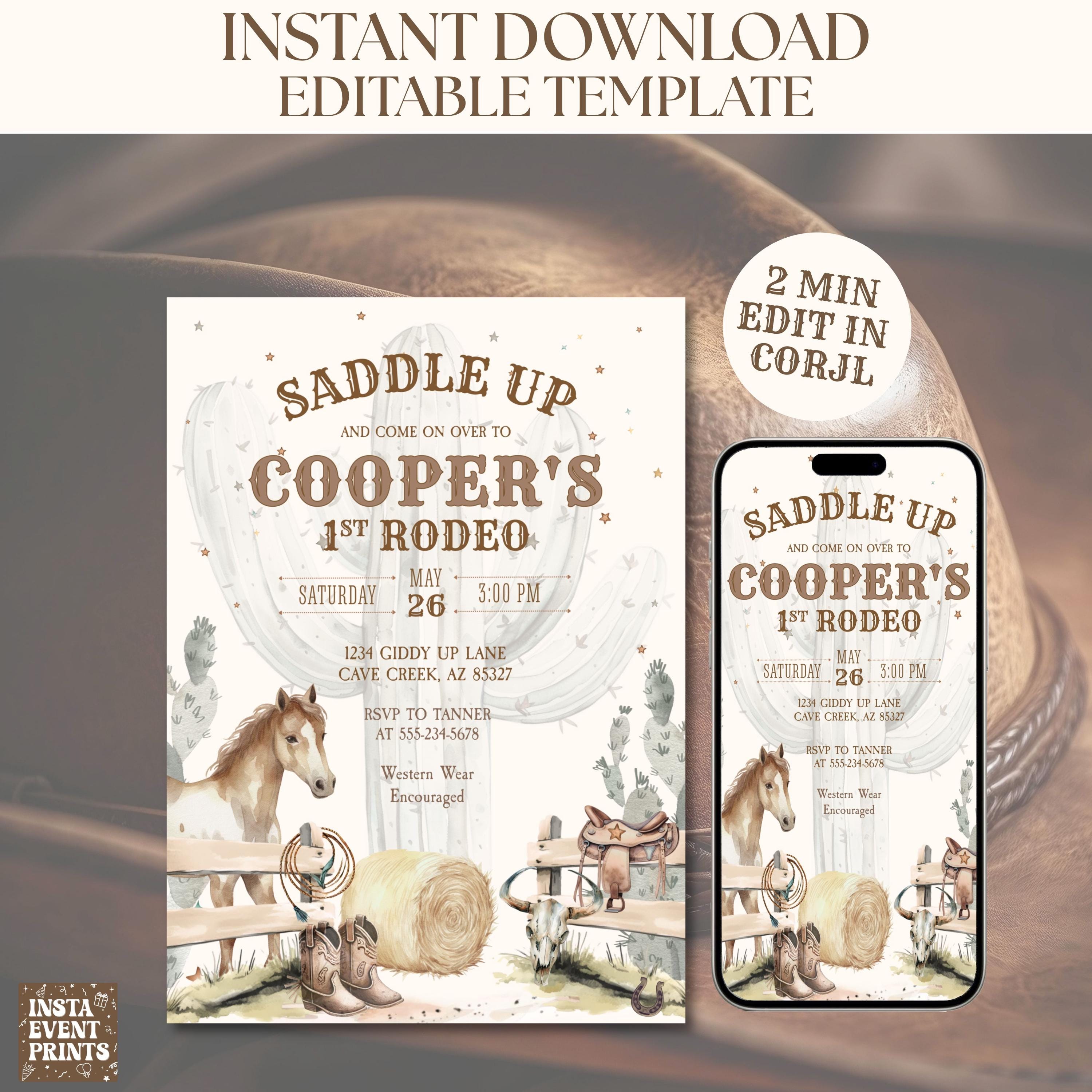 Editable Saddle up Cowboy Party Boy Birthday Invitation Template ...