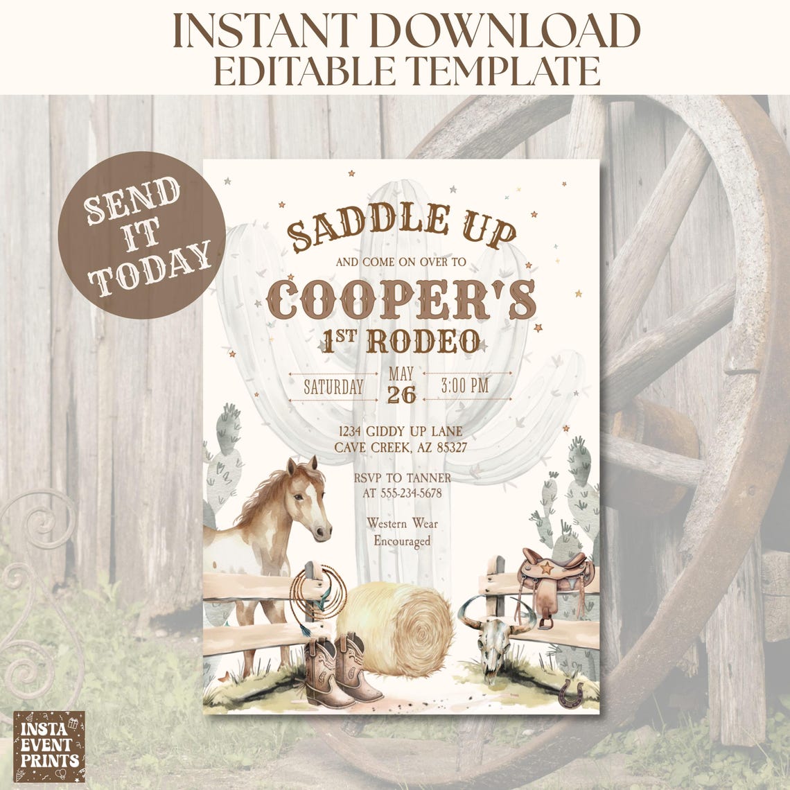 Editable Saddle up Cowboy Party Boy Birthday Invitation Template ...