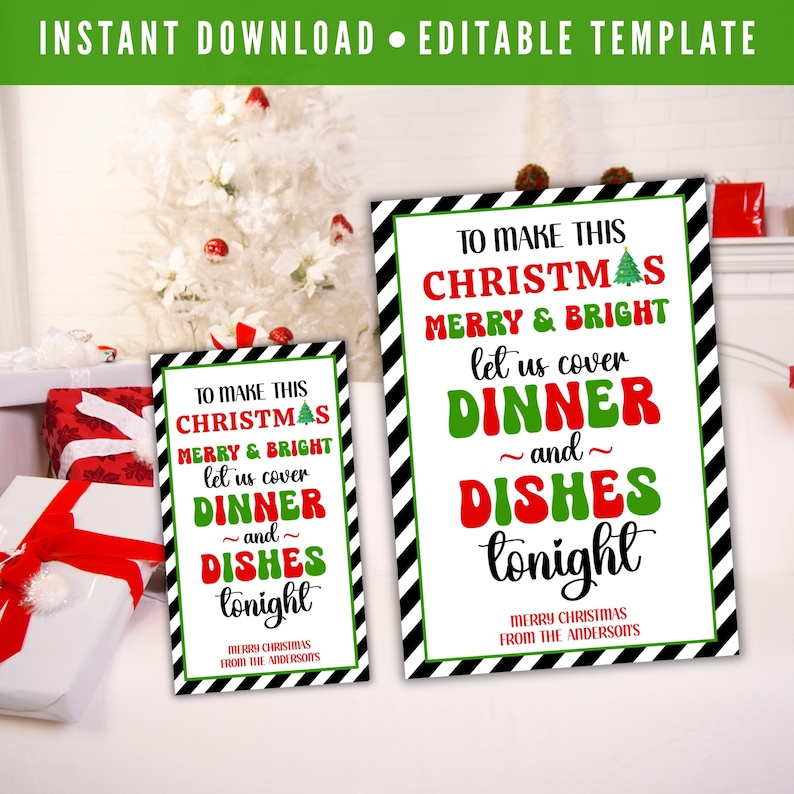 Editable Christmas Dinner and Dishes Gift Tag, Merry and Bright ...