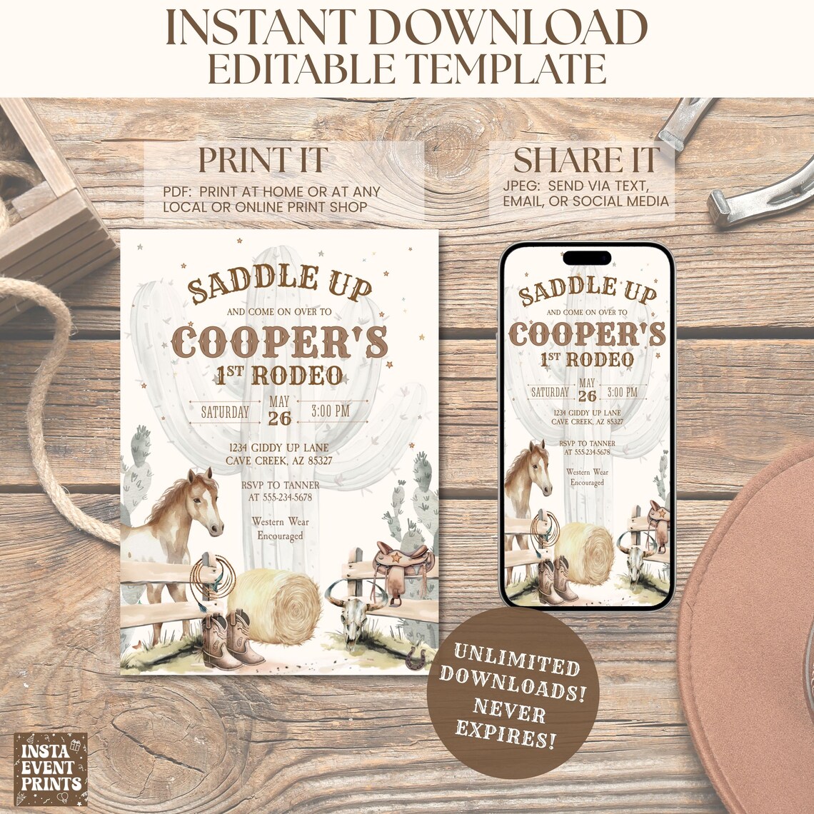 Editable Saddle up Cowboy Party Boy Birthday Invitation Template ...