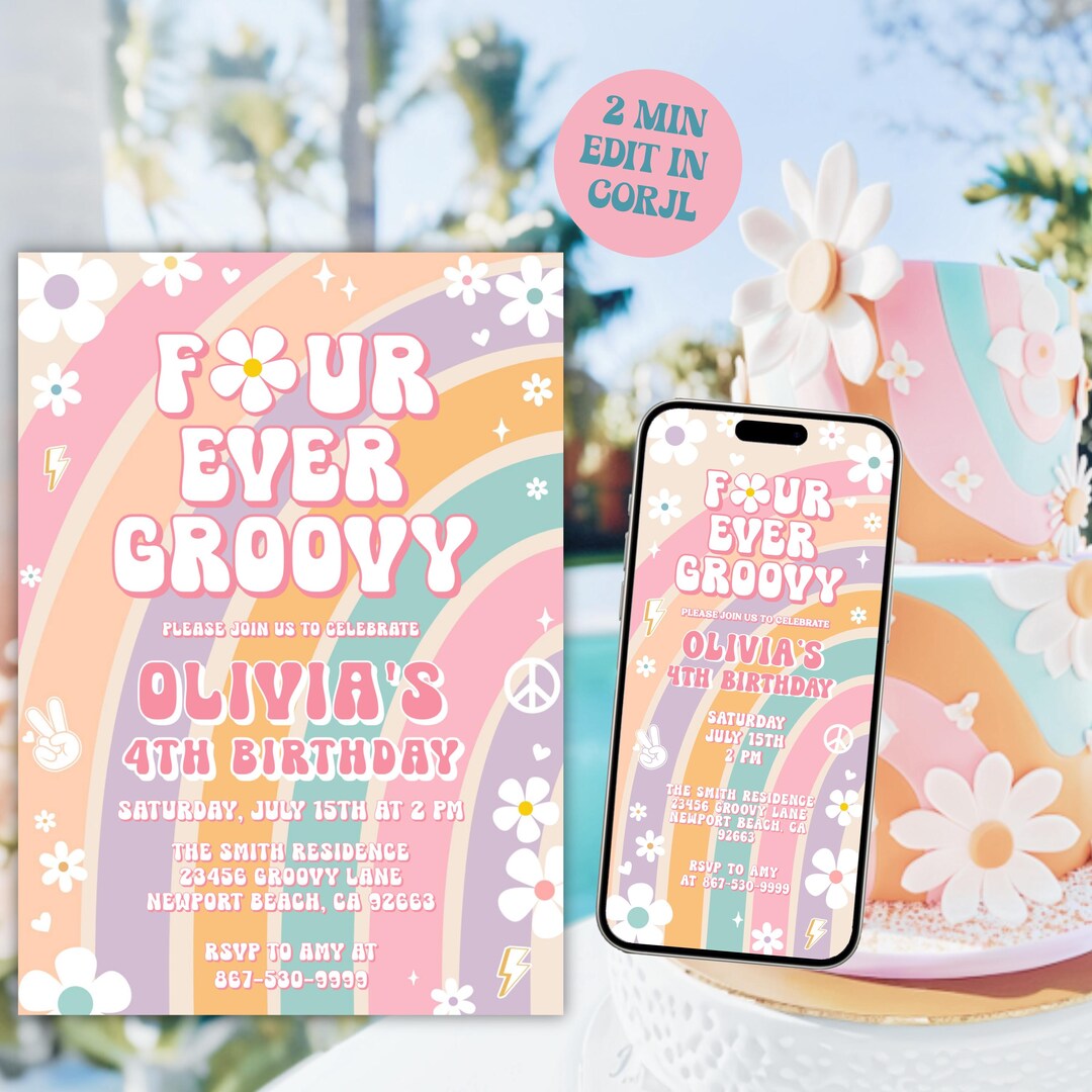 Editable FOUR Ever Groovy Boho Daisy Birthday Invitation Pastel Girl ...