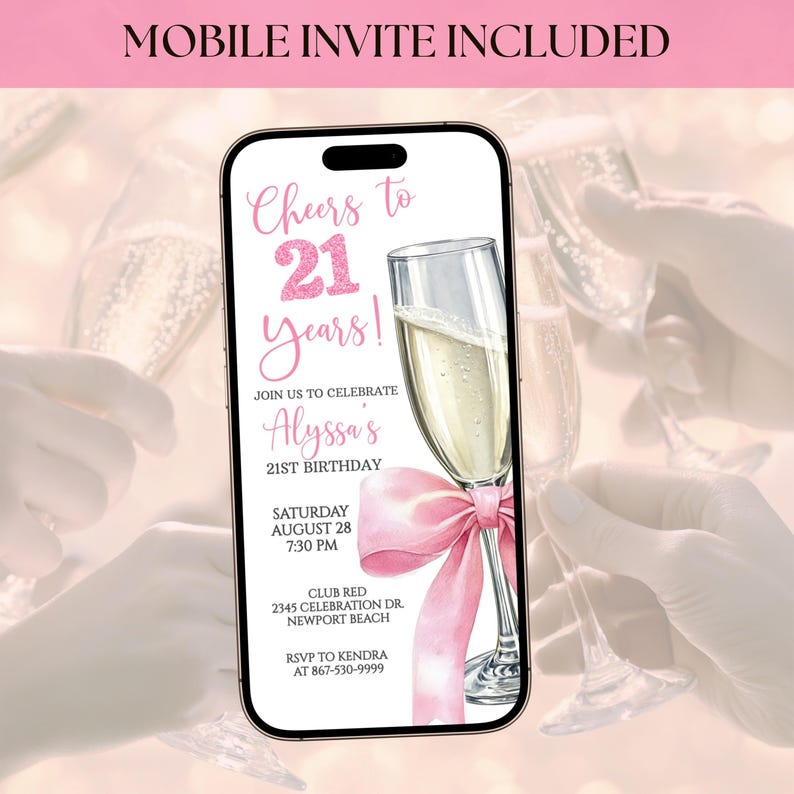 21st Birthday Party Invitation Template, Pink Coquette Bow 5x7 Cute Fun ...