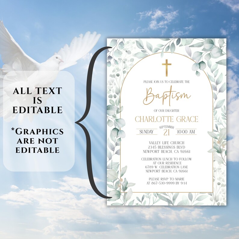 Editable Elegant Baptism Invitation Template Personalized Greenery ...