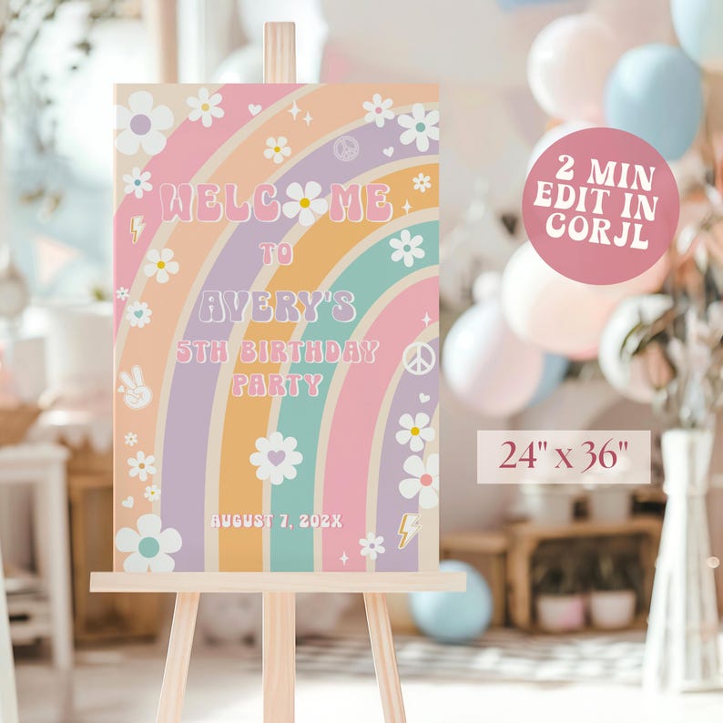 Editable Groovy Birthday Welcome Sign, Boho Daisy Birthday Instant ...