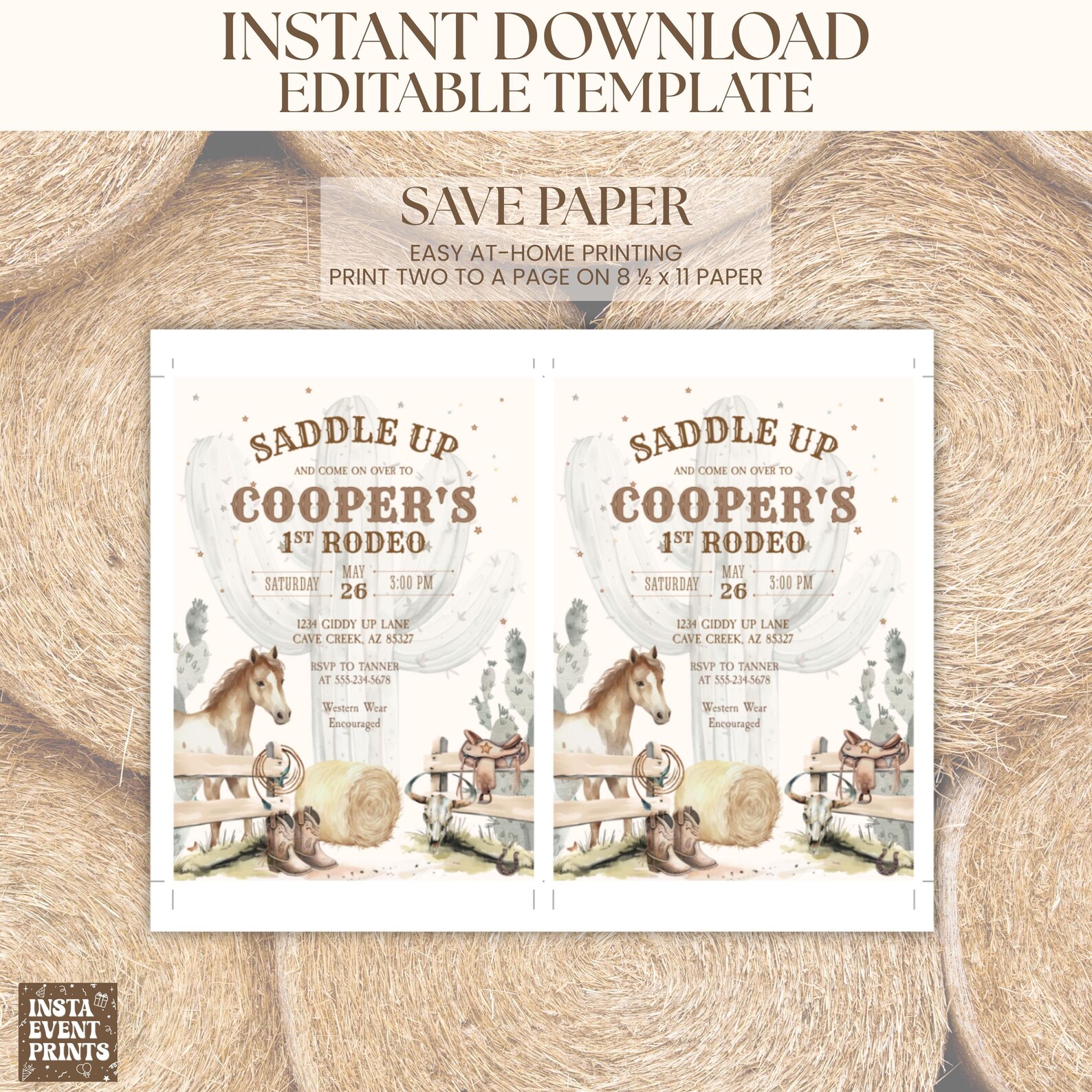 Editable Saddle up Cowboy Party Boy Birthday Invitation Template ...