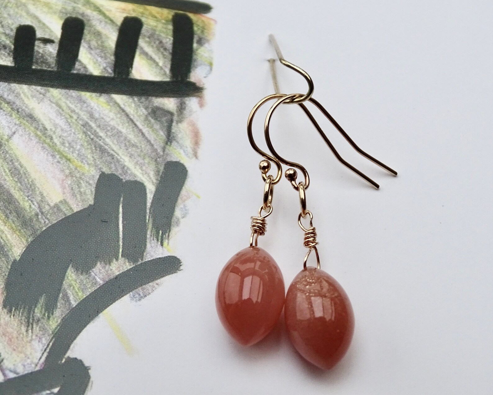 14k Solid Gold Moonstone Drops Valentine's Day Gift | Etsy