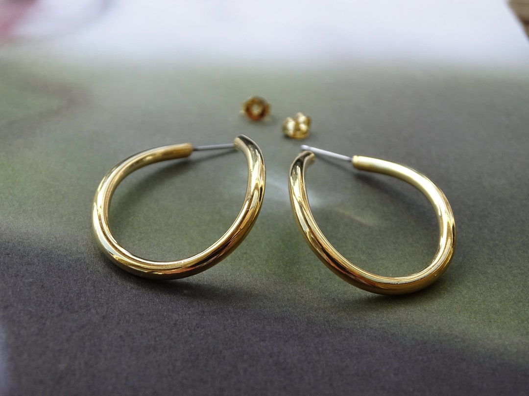 Gold Hoop Earrings Gold Wavy Hoops Surgical Steel Post Women's Large ...
