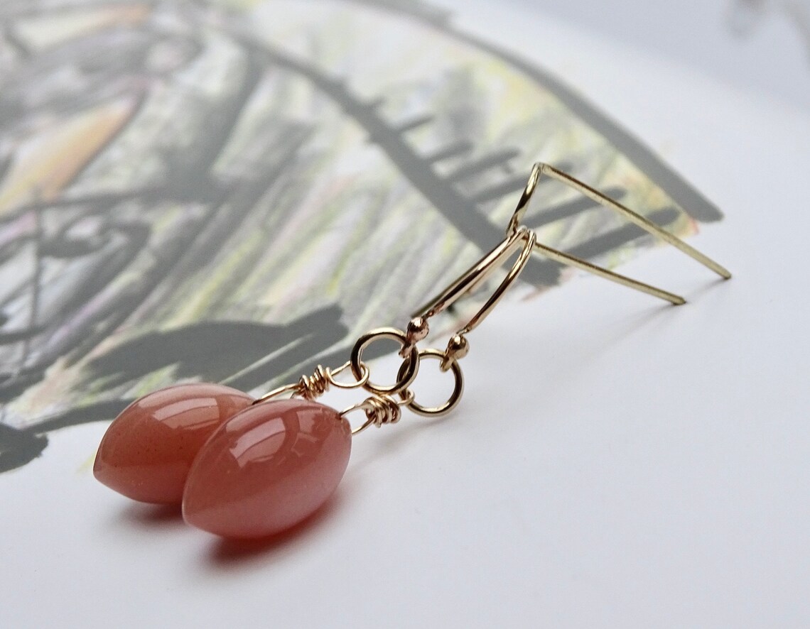 14k Solid Gold Moonstone Drops Valentine's Day Gift | Etsy