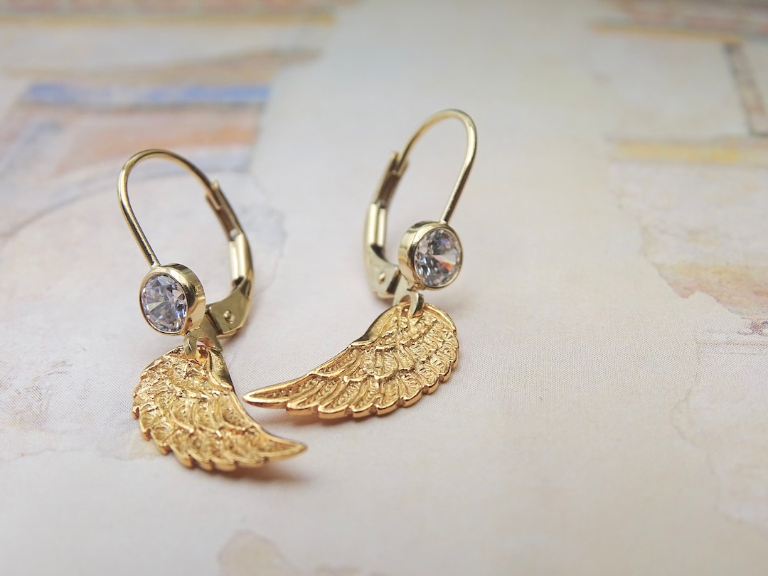 14k Gold Angel Wing Earring Dangle Gift for Girlfriend Gold Earrings ...