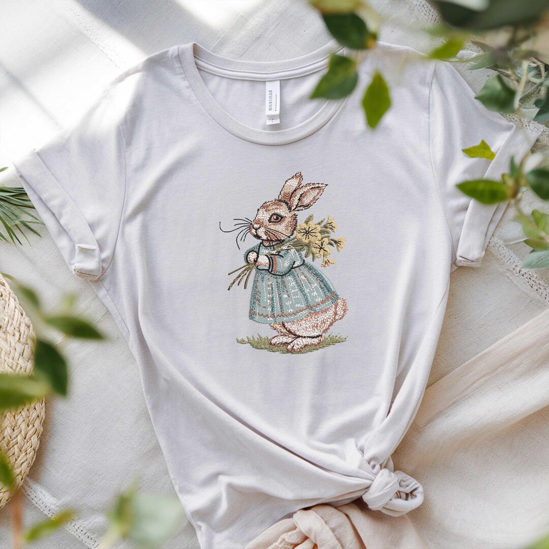 Vintage Bunny Embroidery Design – Rabbit With Flowers in Dress – Easter ...