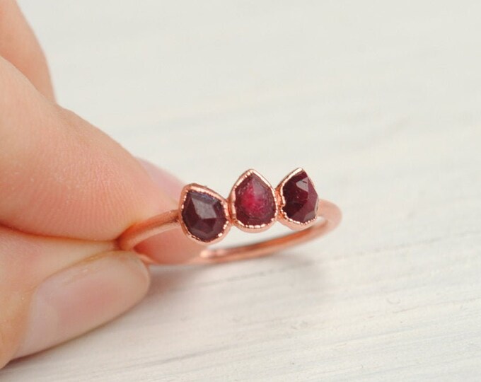 Triple Ruby Ring, Faceted Ruby Ring, Raw Ruby Ring, Ruby Copper Ring, Raw Stone Ring, Ruby Pear ...