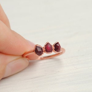 Triple Ruby Ring, Faceted Ruby Ring, Raw Ruby Ring, Ruby Copper Ring, Raw Stone Ring, Ruby Pear ...