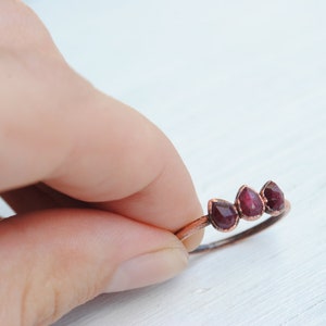 Triple Ruby Ring, Faceted Ruby Ring, Raw Ruby Ring, Ruby Copper Ring, Raw Stone Ring, Ruby Pear ...