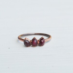 Triple Ruby Ring, Faceted Ruby Ring, Raw Ruby Ring, Ruby Copper Ring, Raw Stone Ring, Ruby Pear ...