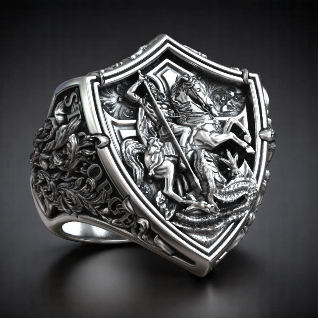 Saint George Dragon Shield Ring – Detailed Signet With Cross and Lance ...