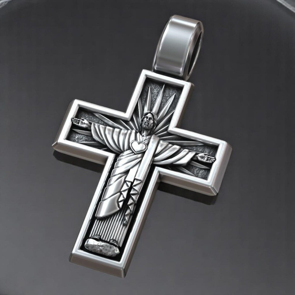 Jesus Christ the Protector Pendant – 925 Silver Cross With Sacred Heart ...