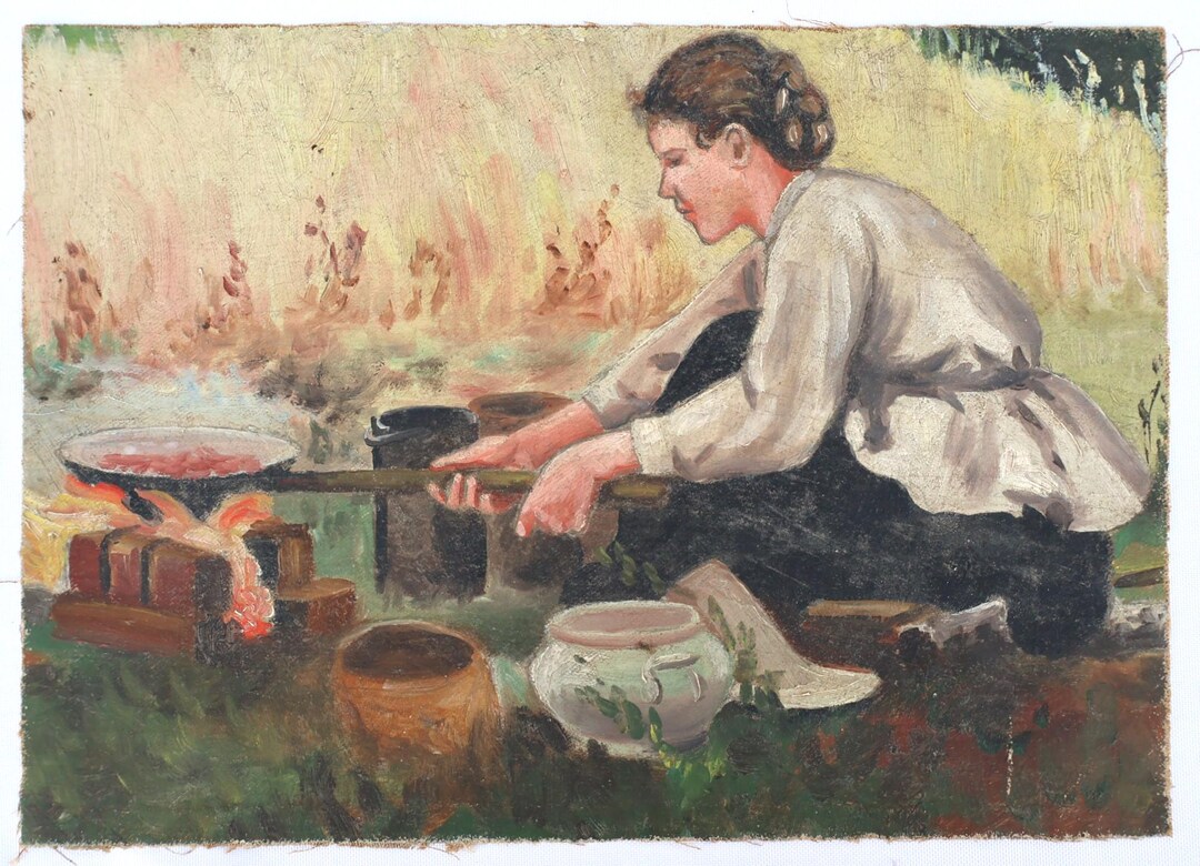 Socialist Realist Oil Painting: Woman Cooking by Campfire, Ukrainian ...