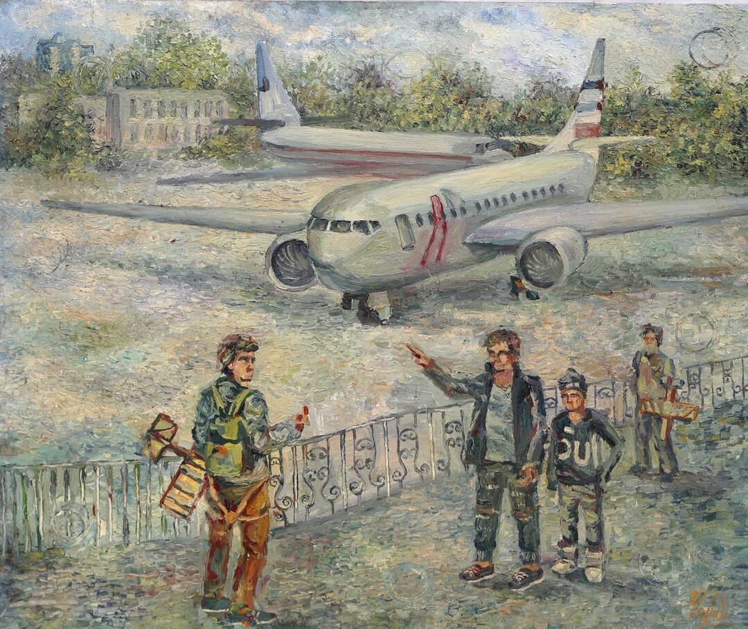 At the Airfield. Original Landscape With Airplanes, Vintage Scene Oil ...