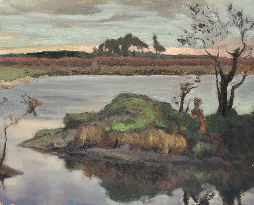 Vintage Original Oil Painting on Cardboard River Landscape, Soviet ...