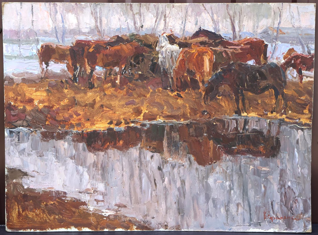Grazing Herd Antique Original Horse Oil Painting Ukrainian Artist ...