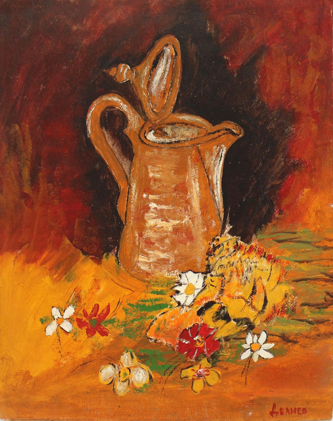 Small Still Life With A Jug and Wildflowers. Original Vintage Oil ...