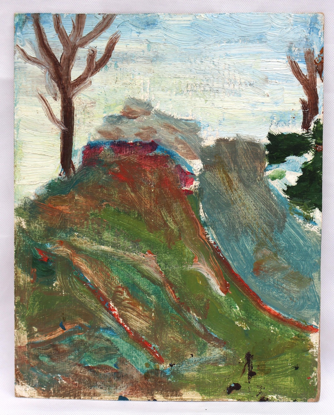 Antique Small Original Oil Painting Landscape on Cardboard "hill ...