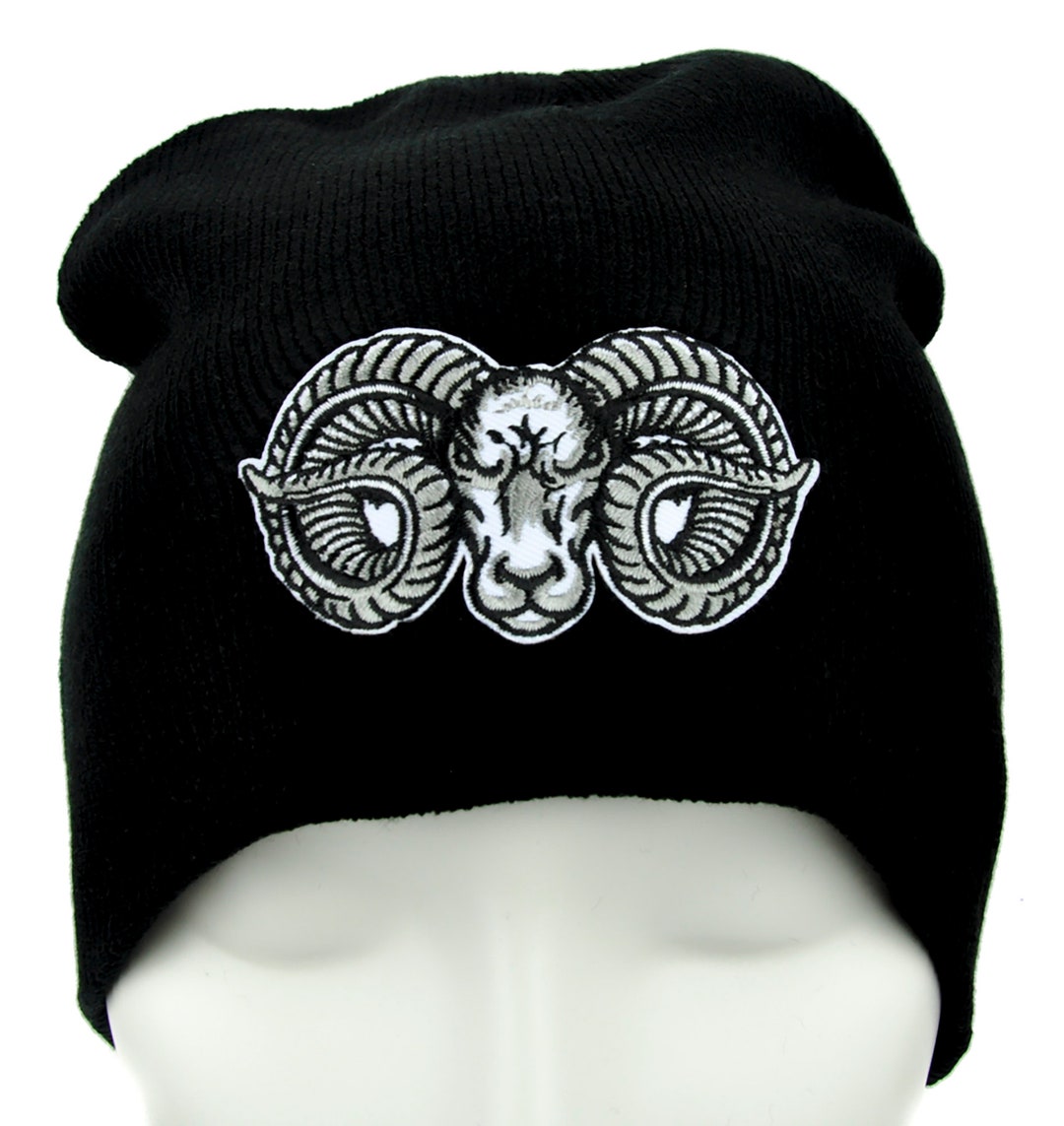 Evil Ram Horns Goat Head Black Beanie Knit Cap Hat Metal Punk - Etsy