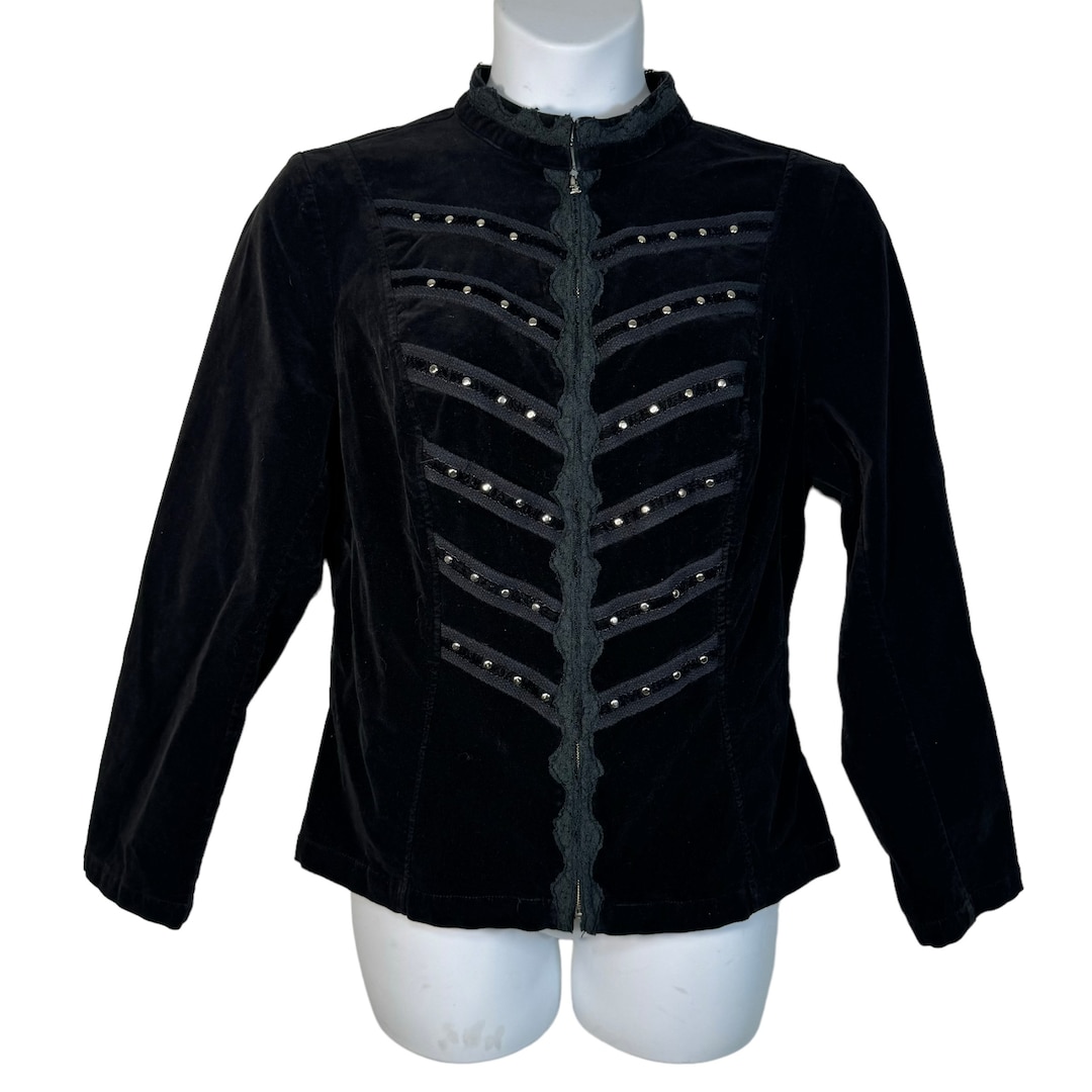 Tripp NYC Military Black Velvet Studded Jacket Coat Goth Punk Emo ...